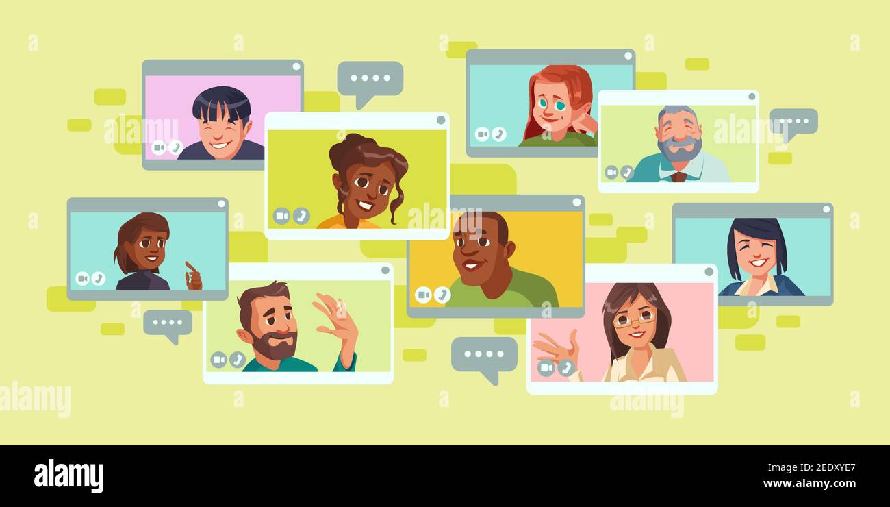 Video conference screen with group of people. Online communication of ...