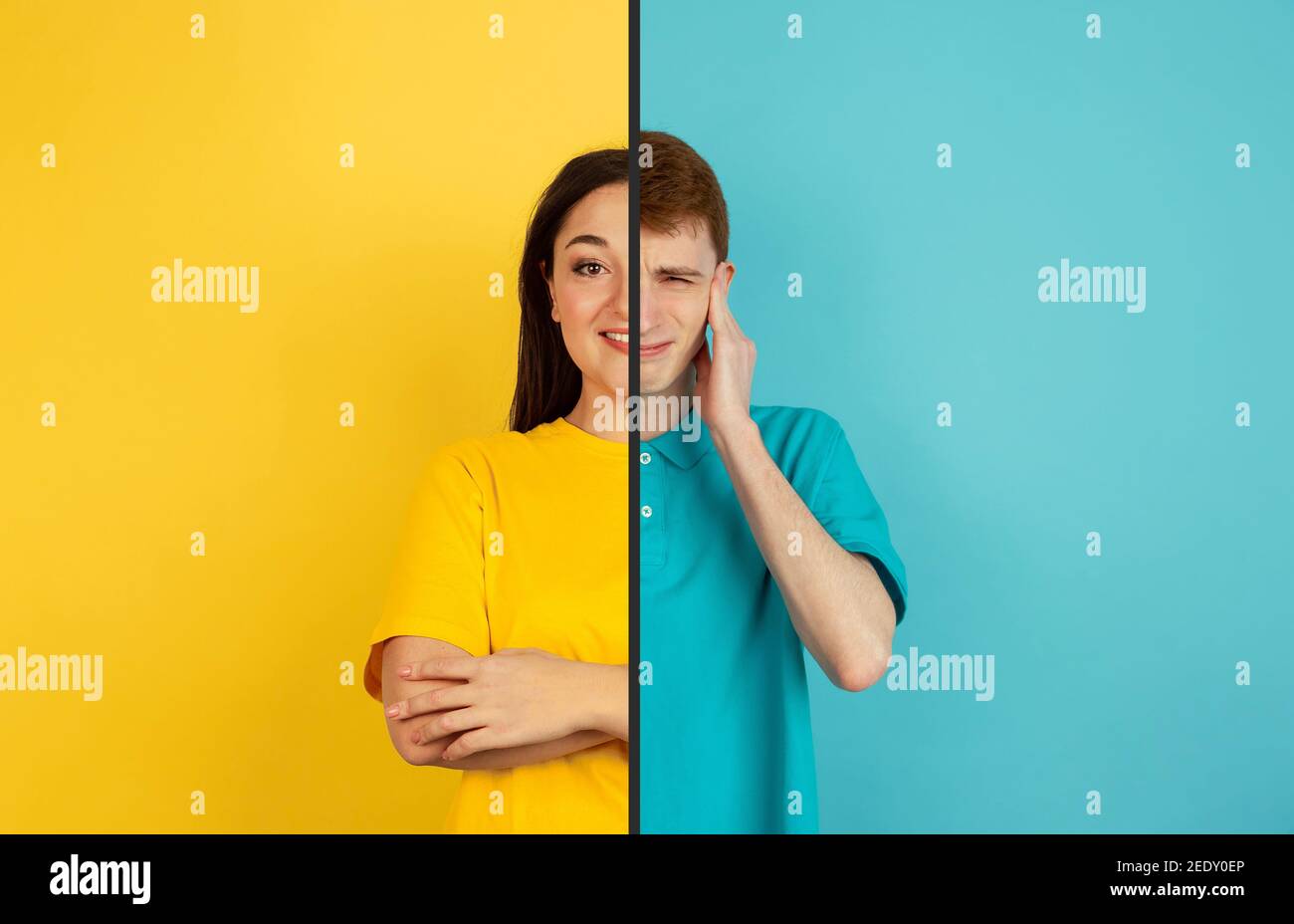 Scared man and confident woman. Fun and creative combination of ...