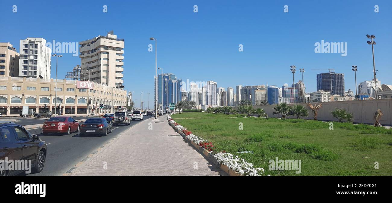 Manama, Bahrain - February 15 2021: street city view, road with car ...