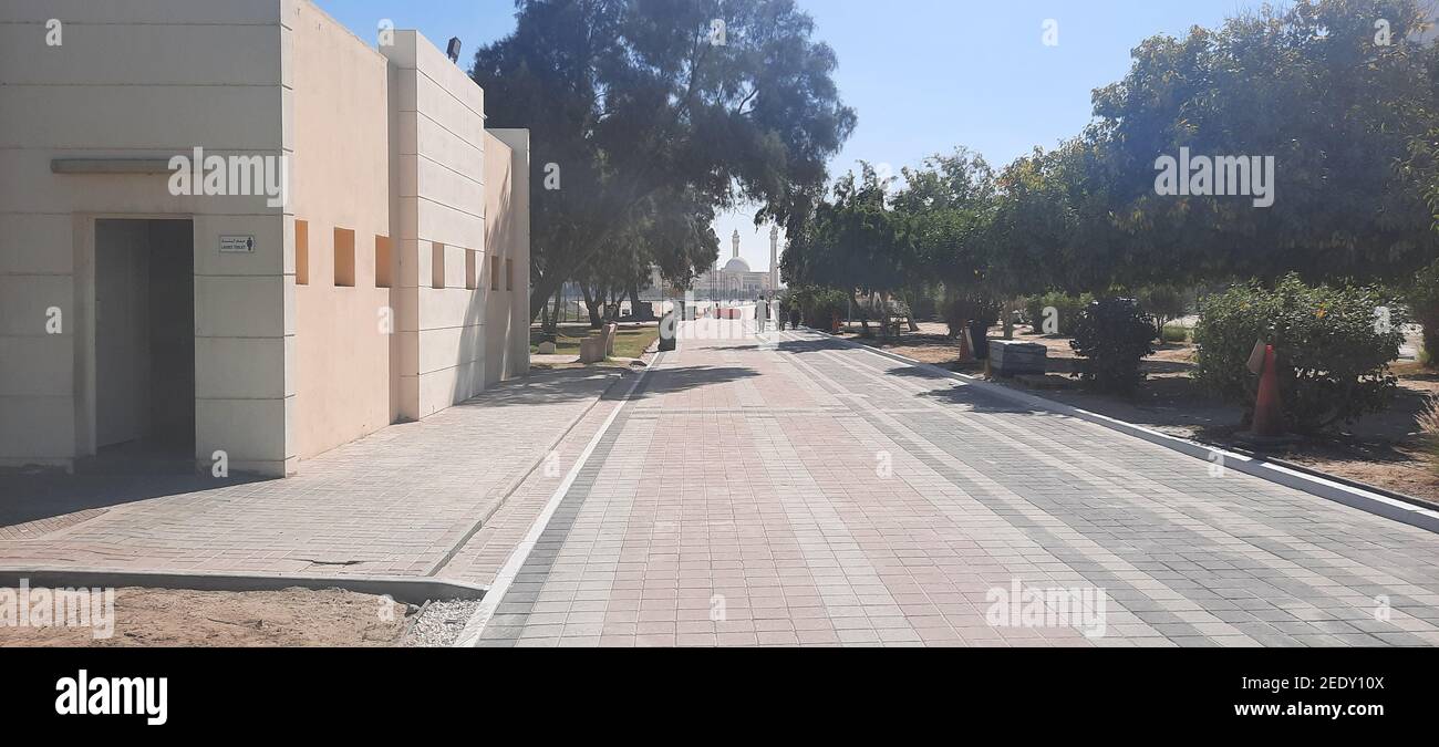 Manama, Bahrain - February 15 2021: green space with palms and other ...