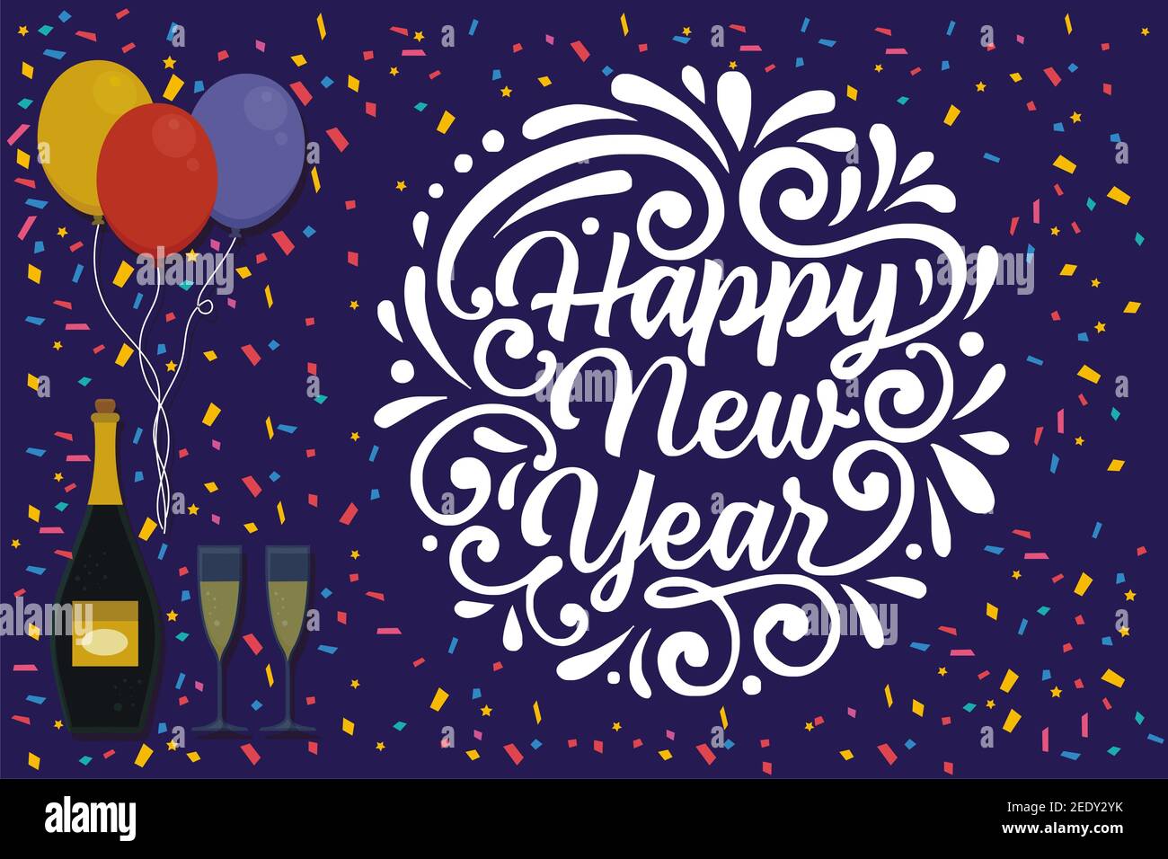 Happy new year postcard design with champagne and balloons Stock Photo ...