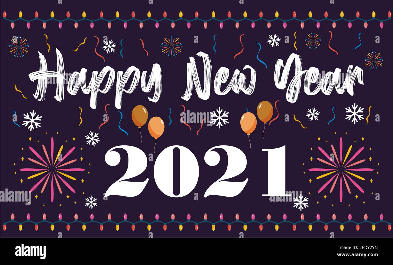 Happy new year postcard design with colorful fireworks and balloons ...