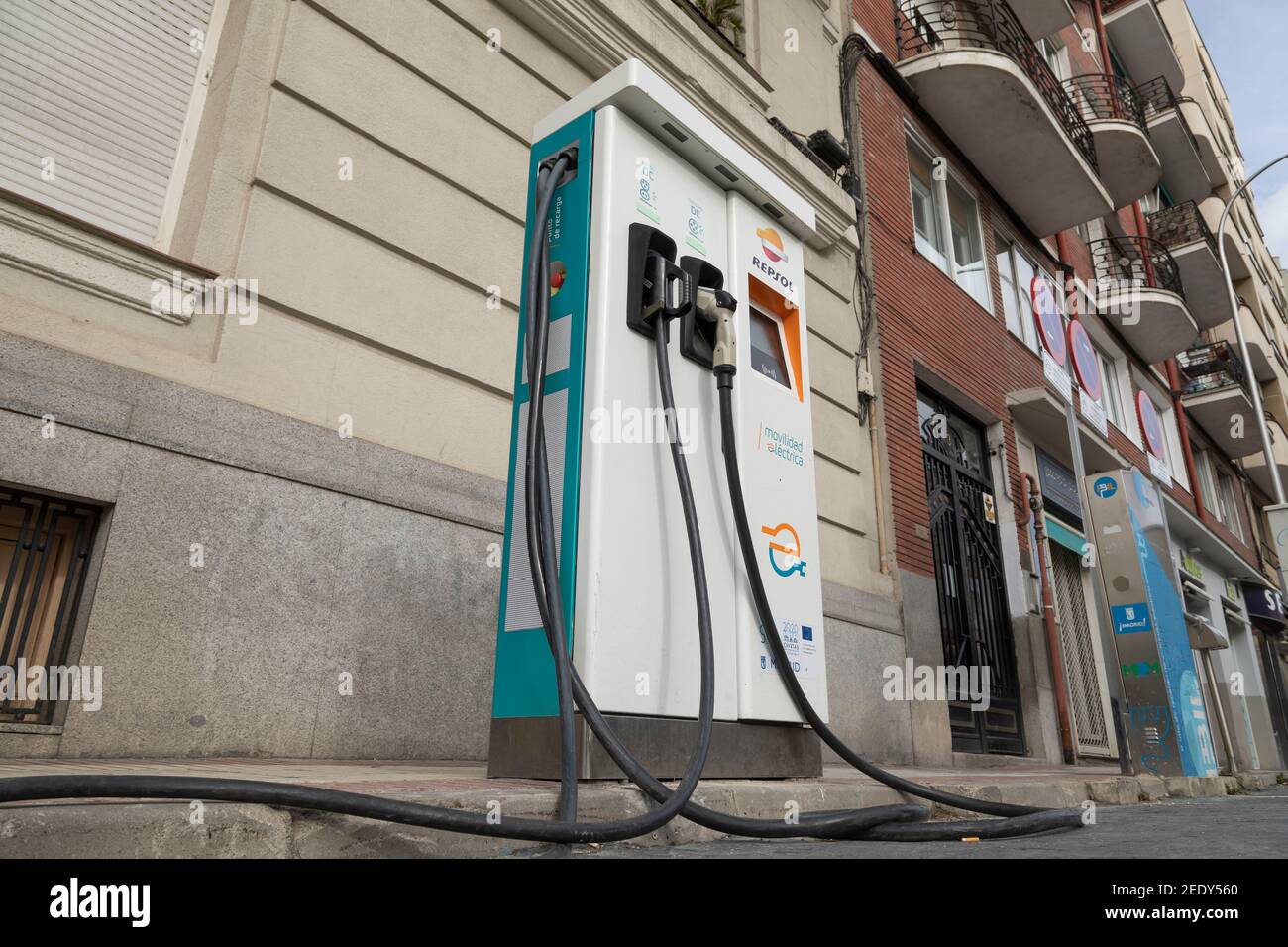 Madrid, Spain - February 07, 2021: Charging point for electric and ...