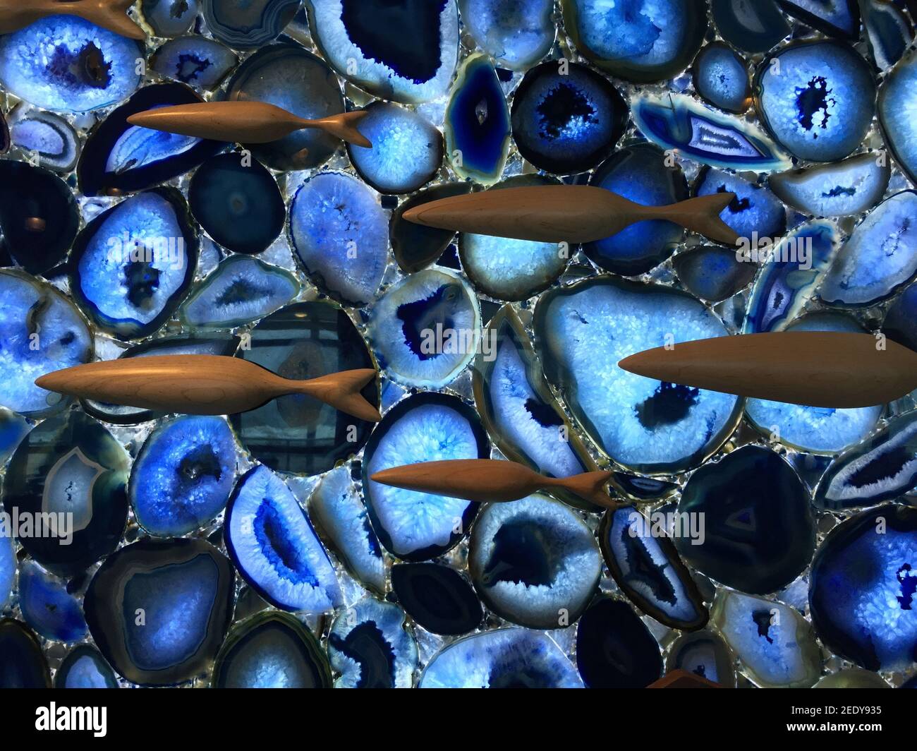 Illuminated pattern of blue geodes with artistic fish representations ...