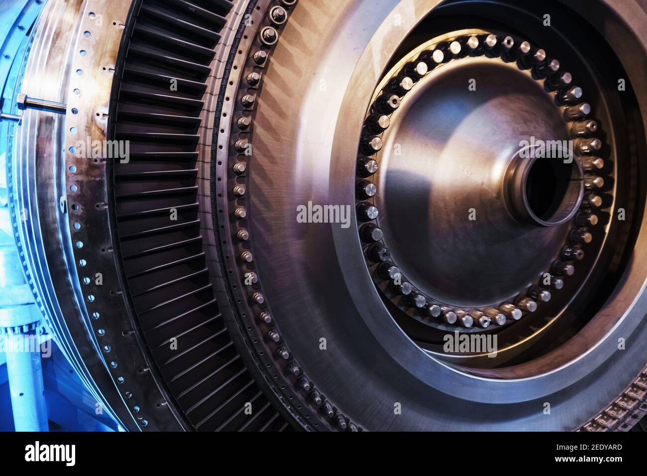 A rotor disc with blades of a turbojet gas turbine engine, inside view ...