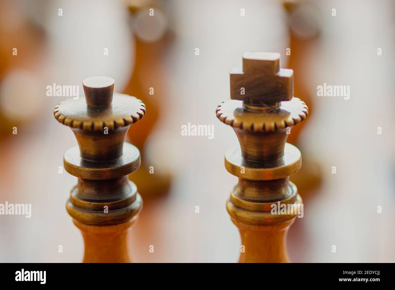 Chess. White king and queen chess pieces close-up. Team strength ...