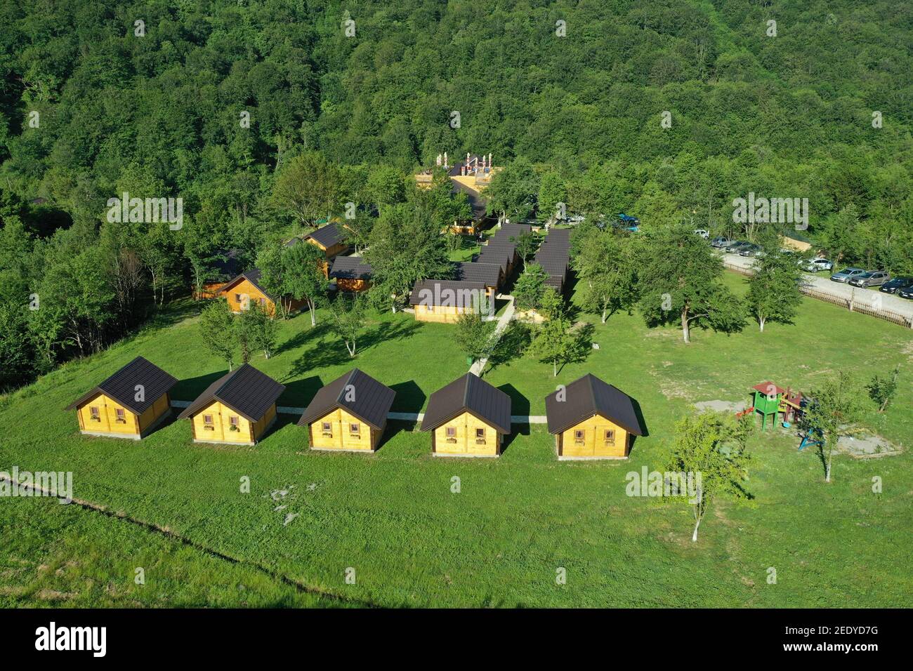 Aerial view of wooden huts in the countryside Stock Photo - Alamy