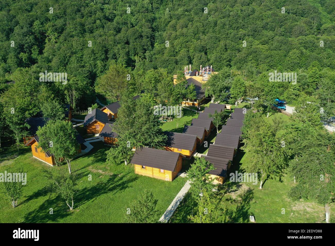 Aerial view of wooden huts in the countryside Stock Photo - Alamy