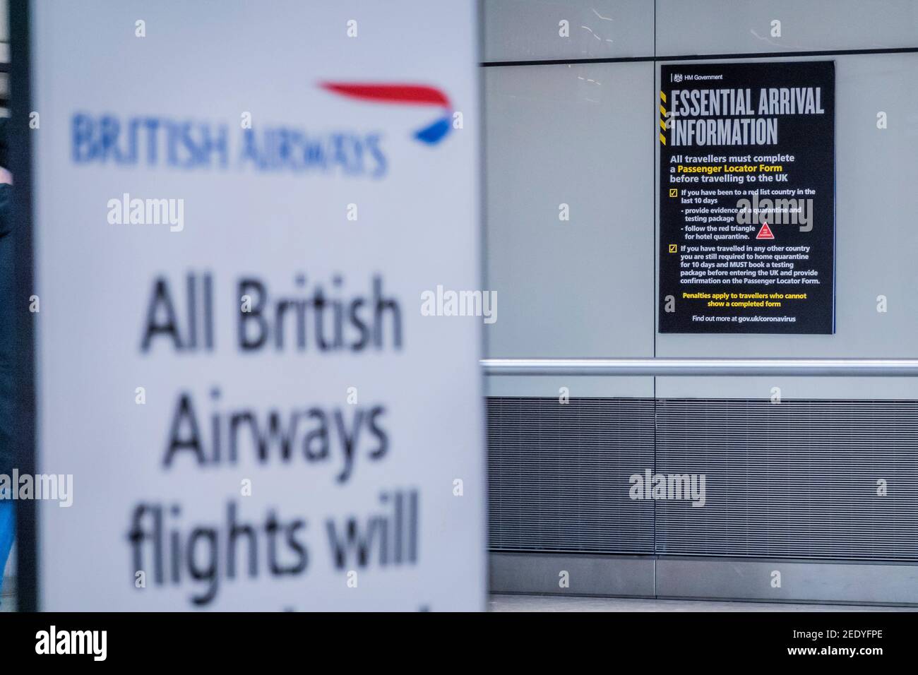 London, UK. 15th Feb, 2021. Warning signs about the new rules are on ...
