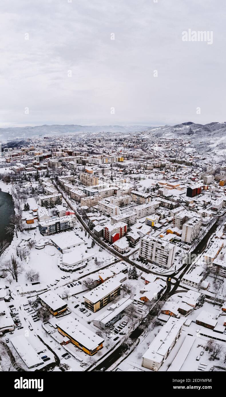 Buildings and streets covered with snow in the winter in Banja Luka ...