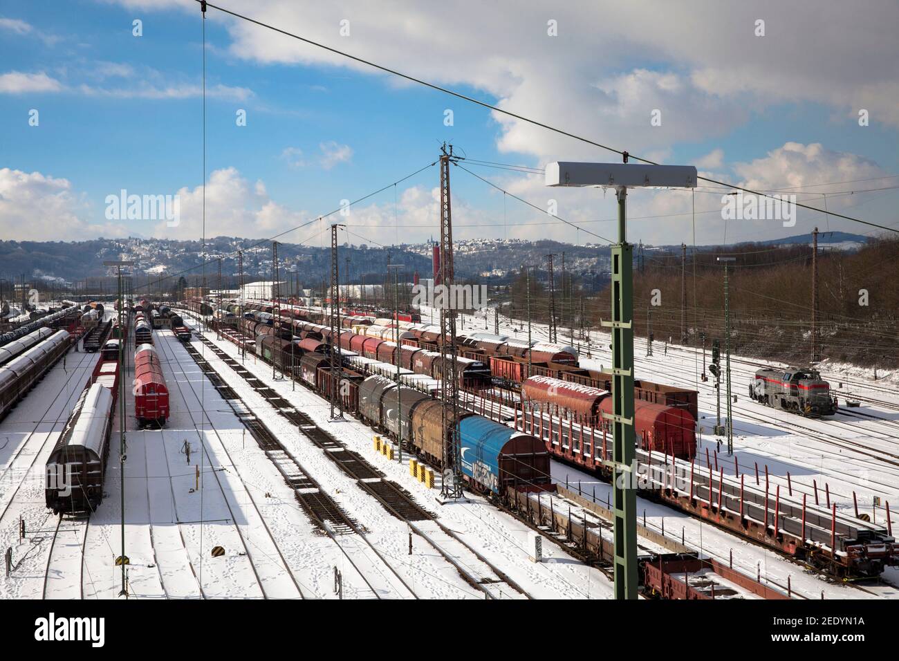 railroad shunting yard in Hagen-Vorhalle, freight trains, snow, winter ...