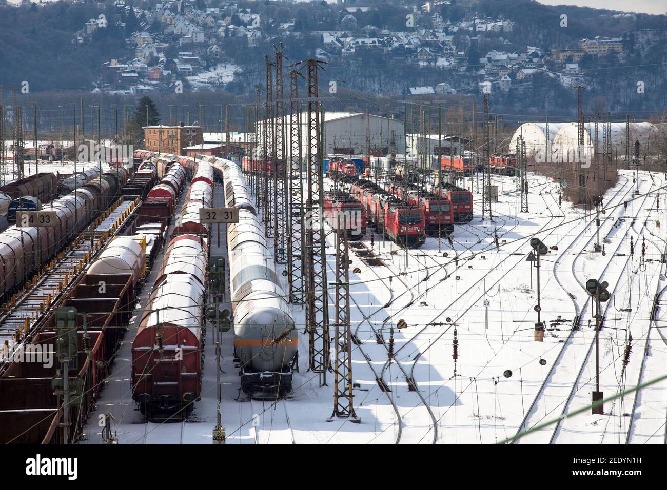 railroad shunting yard in Hagen-Vorhalle, freight trains, snow, winter ...