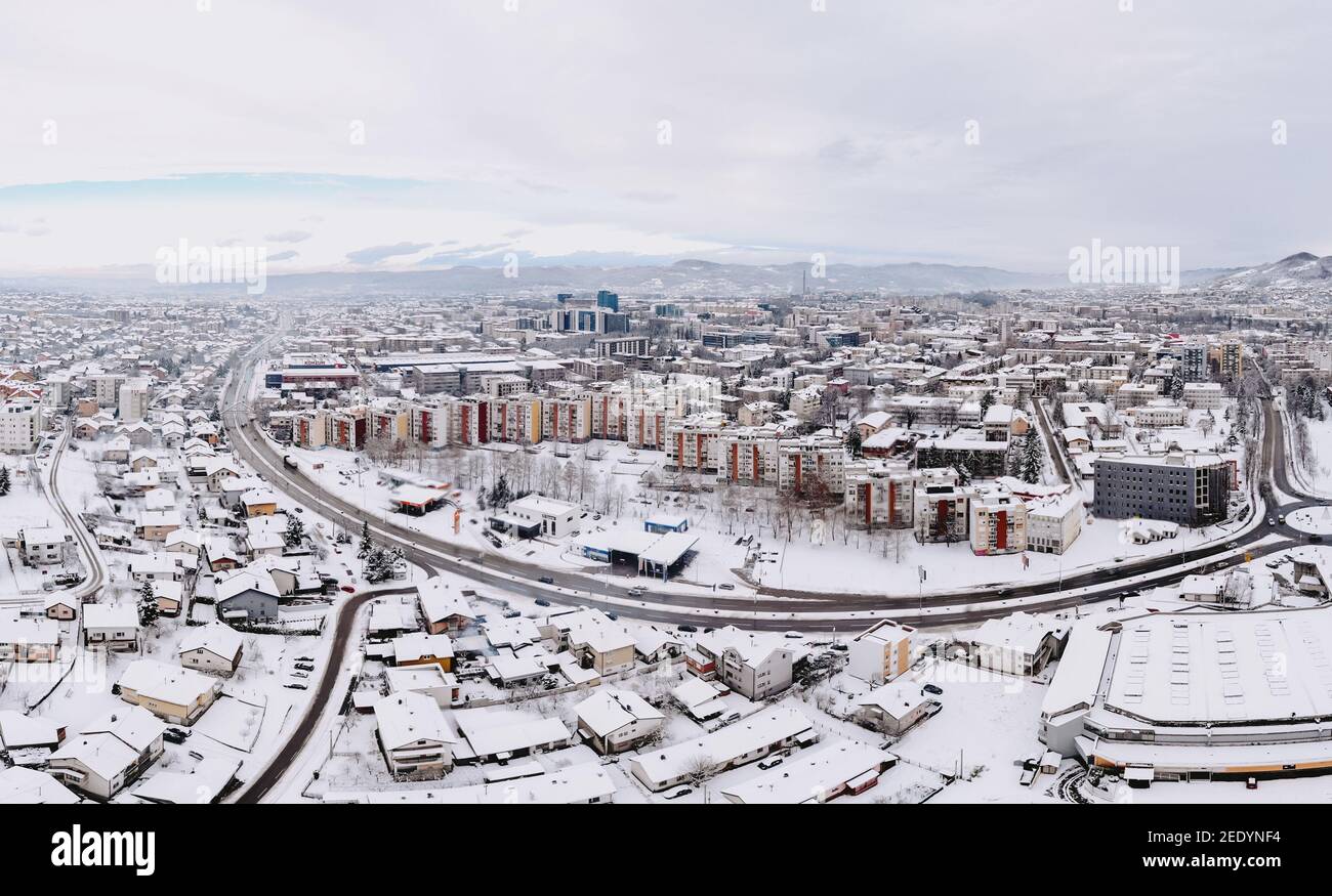 Buildings and streets covered with snow in the winter in Banja Luka ...