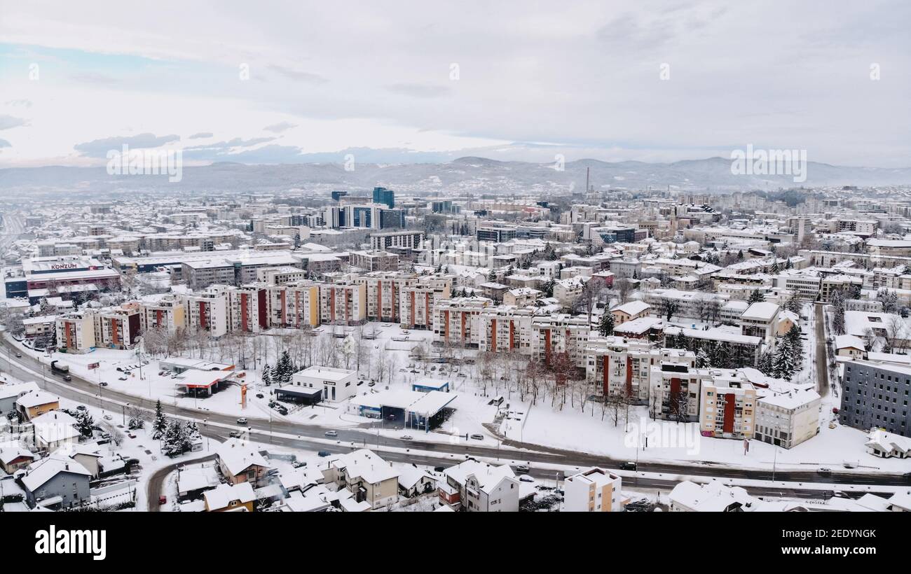Buildings and streets covered with snow in the winter in Banja Luka ...