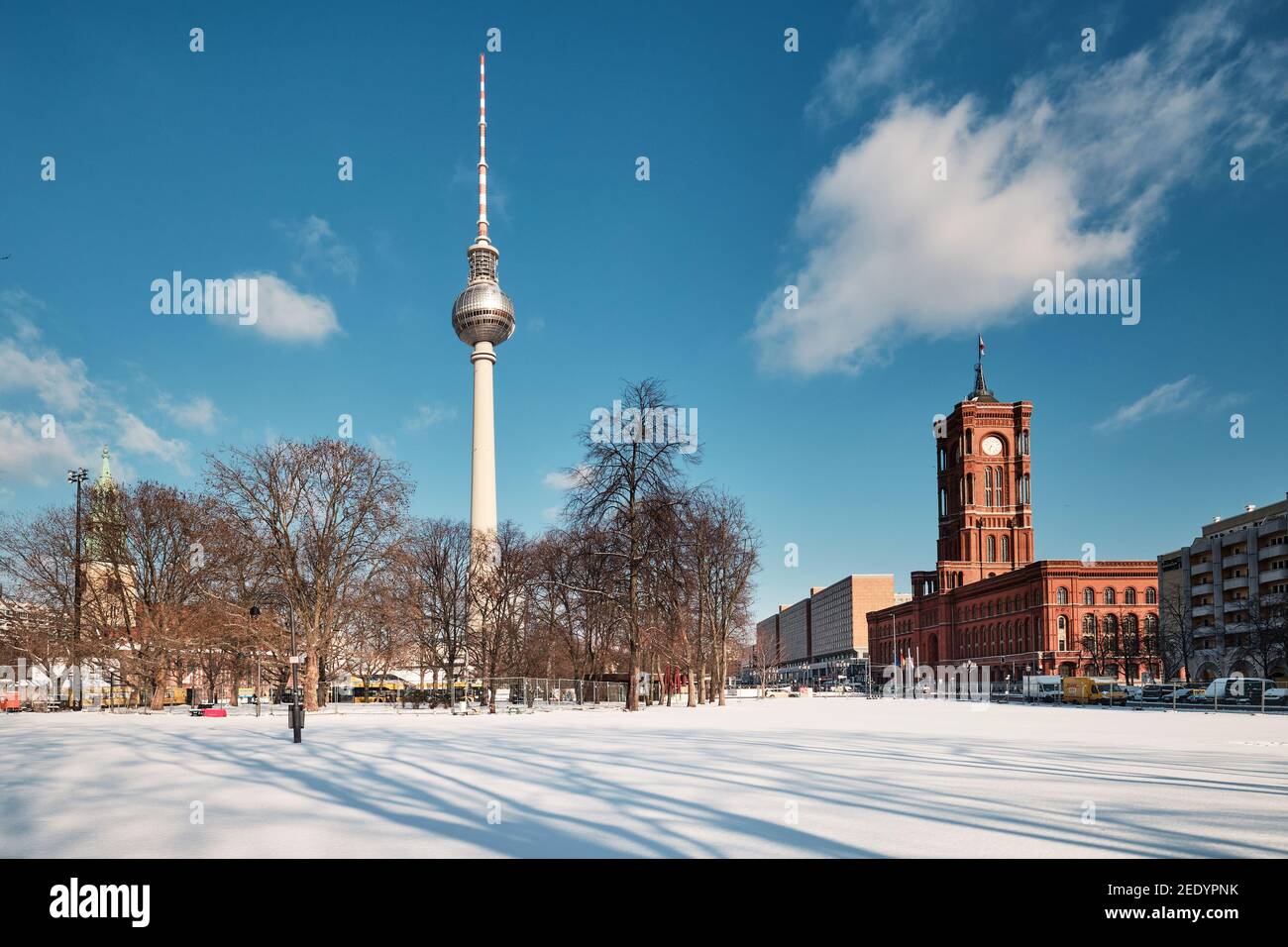Berlin under snow. Panoramic image with television tower and Red ...
