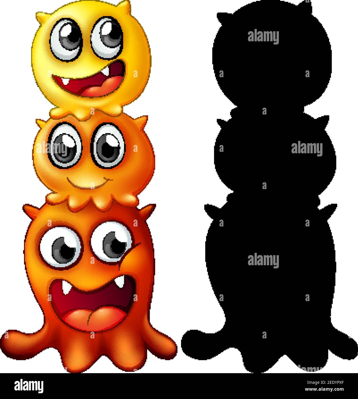 Yellow monsters family with its silhouette on white background ...