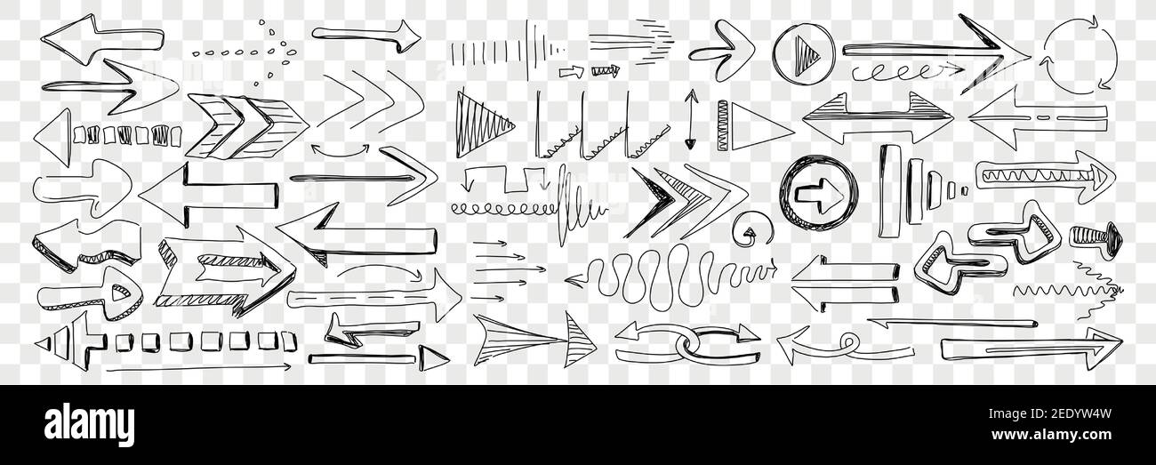 Arrows of different shapes and directions doodle set. Collection of ...