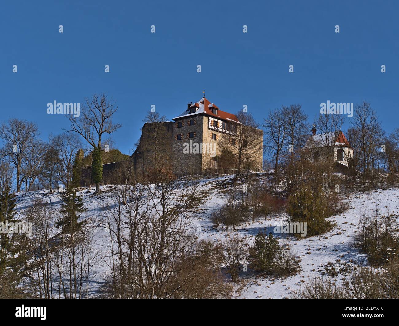 View of historic castle ruin Niedergundelfingen, built in the 11th ...