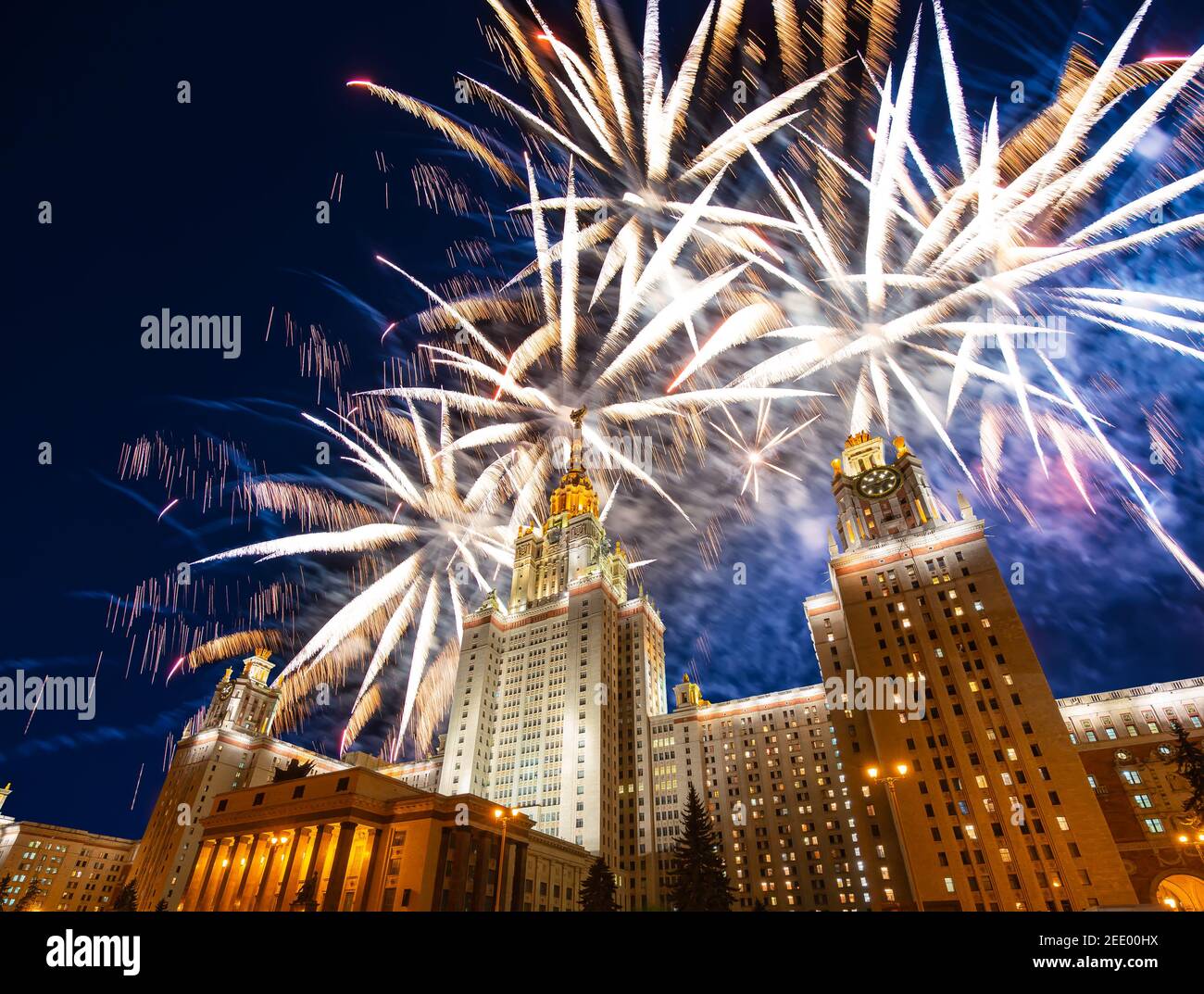 Fireworks over the Lomonosov Moscow State University on Sparrow Hills ...