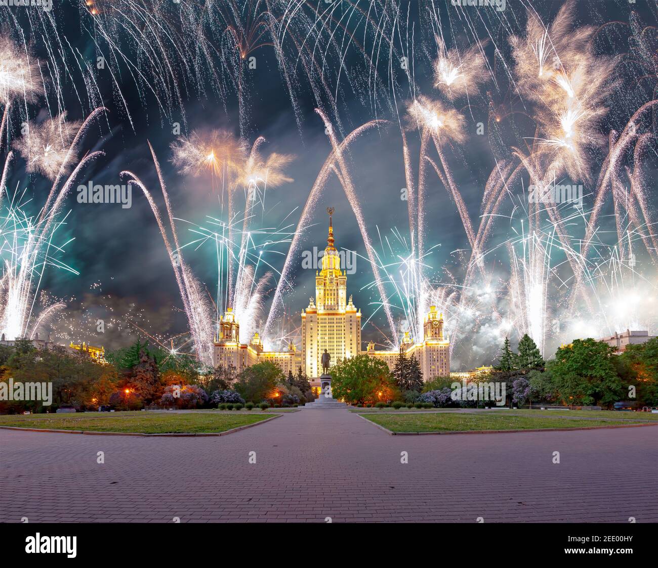 Fireworks over the Lomonosov Moscow State University on Sparrow Hills ...