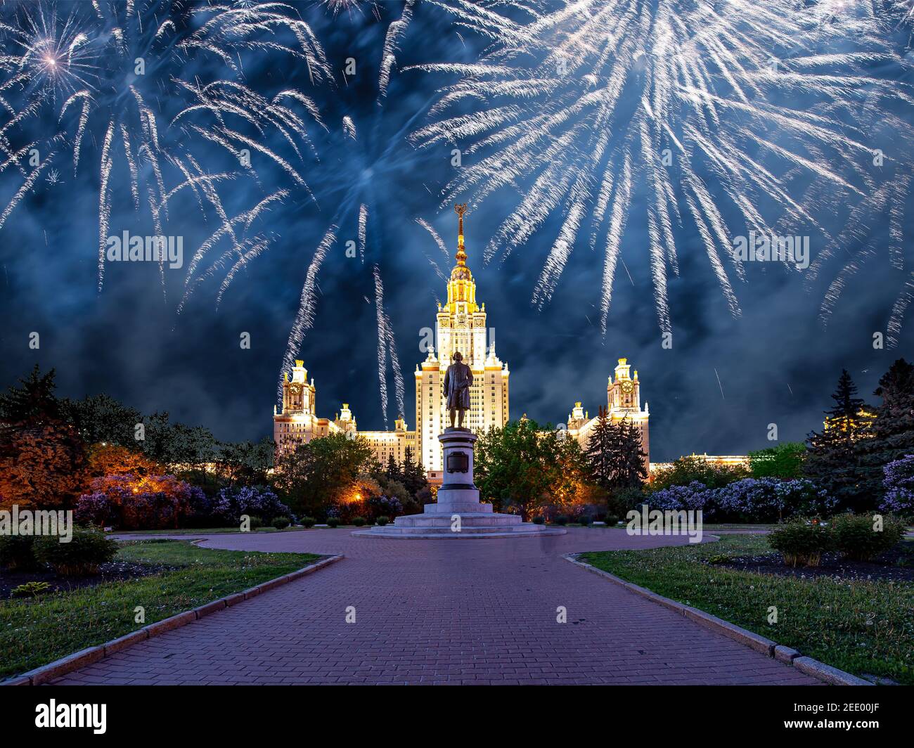 Fireworks over the Lomonosov Moscow State University on Sparrow Hills ...