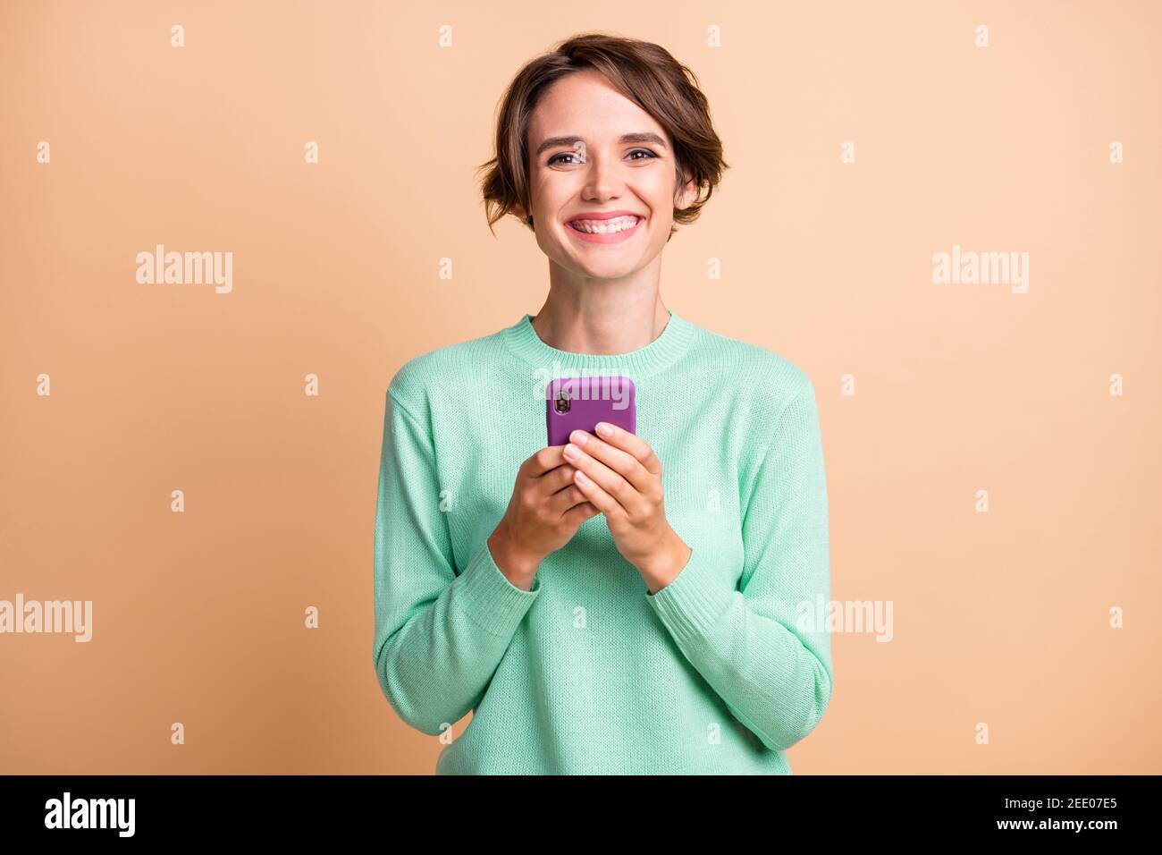 Photo of young attractive girl happy positive smile fun joy use ...