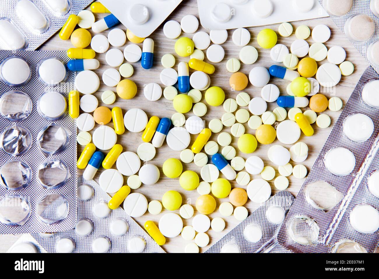 Pills on the Table at the Home closeup Stock Photo - Alamy