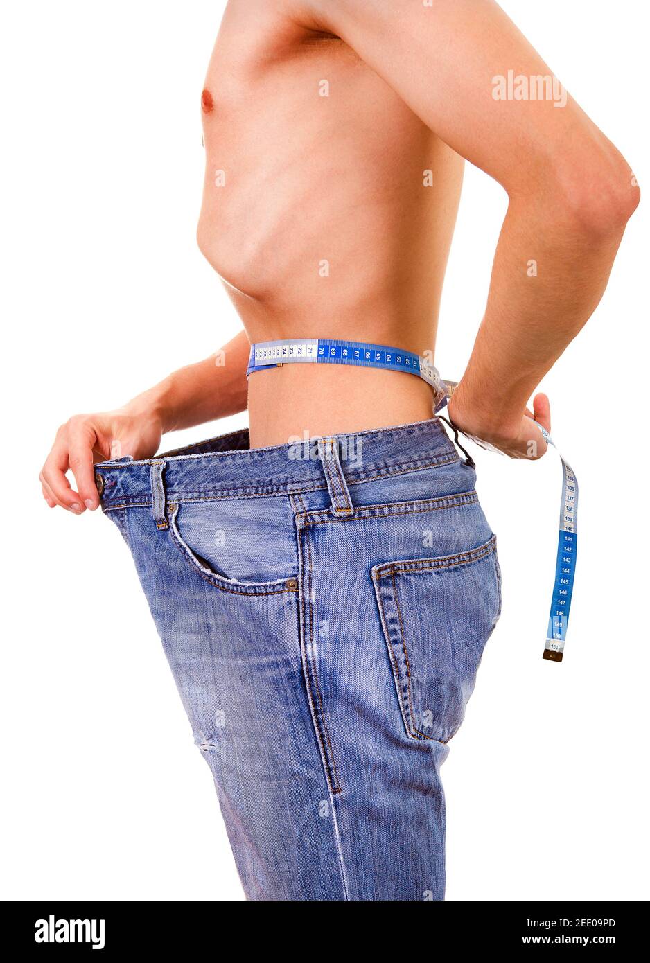 Skinny Man measure his Waist on the White Background Stock Photo - Alamy