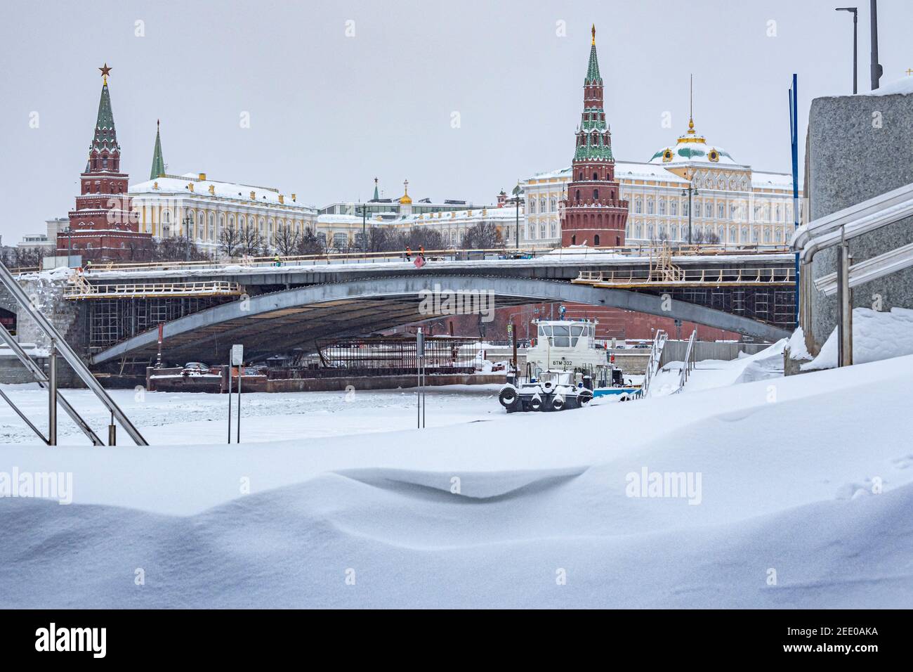 Russia, Moscow. Moscow Kremlin. Moscow hit by snowfall. The city and ...