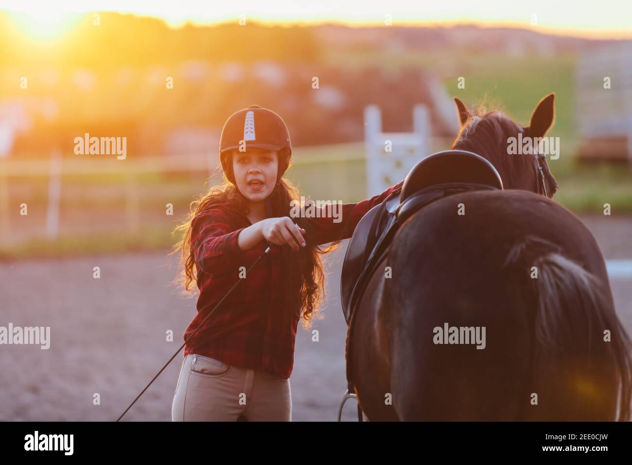 Young girl getting her horse ready for riding in the padlock. Jockette ...