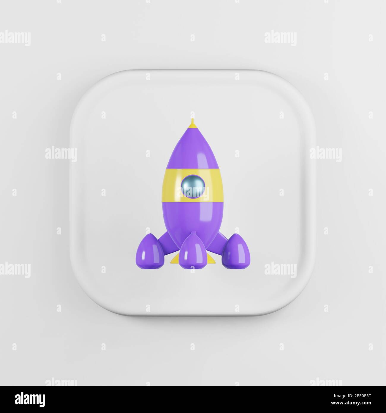 Cartoon bright rocket icon. 3d rendering white square button key ...