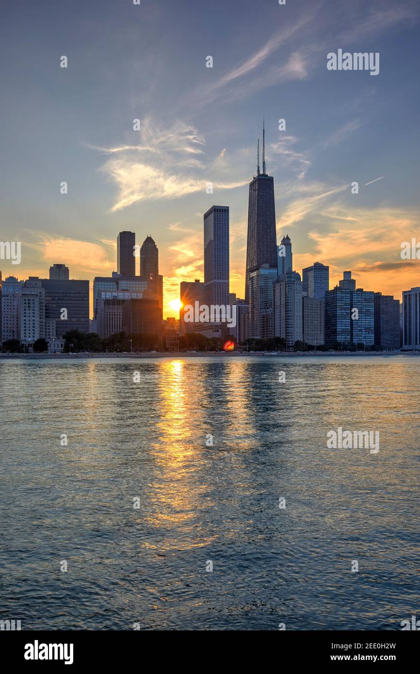 Chicago Skyline at sunset, Chicago, Illinois, United States Stock Photo ...