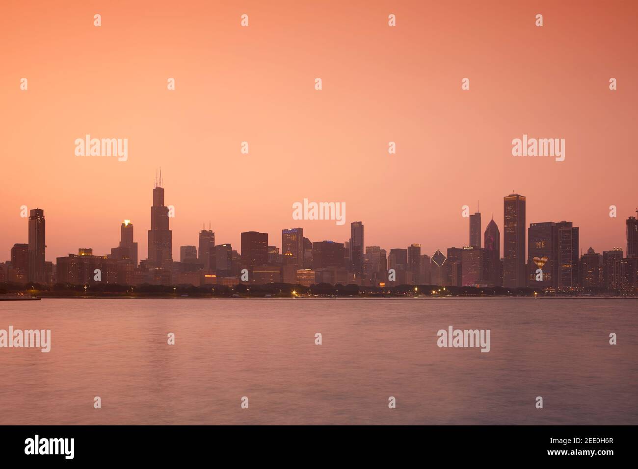 Chicago Skyline at sunset, Chicago, Illinois, United States Stock Photo ...