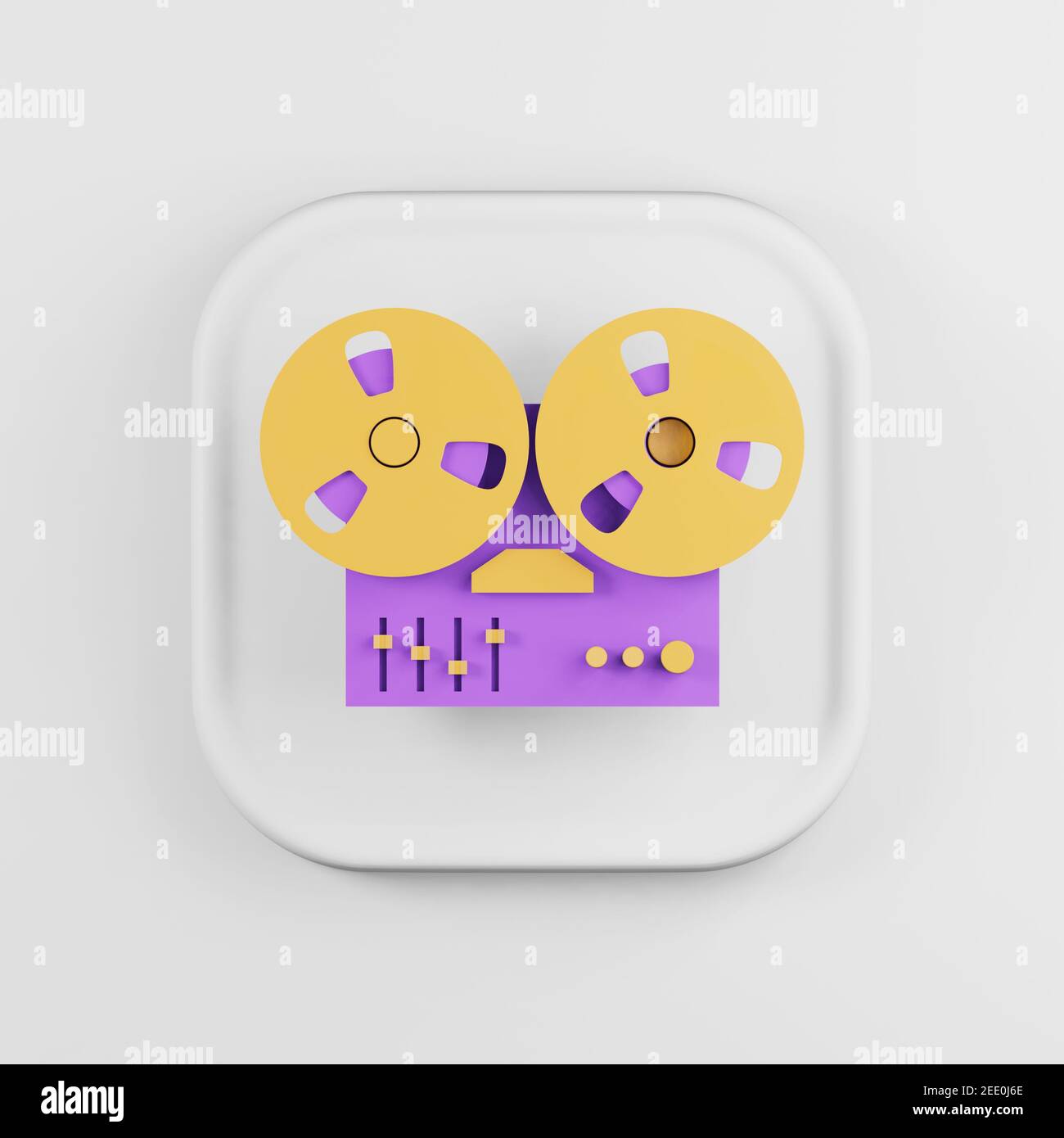 Reel tape recorder cartoon icon. 3d rendering white square button key, interface ui ux element ...
