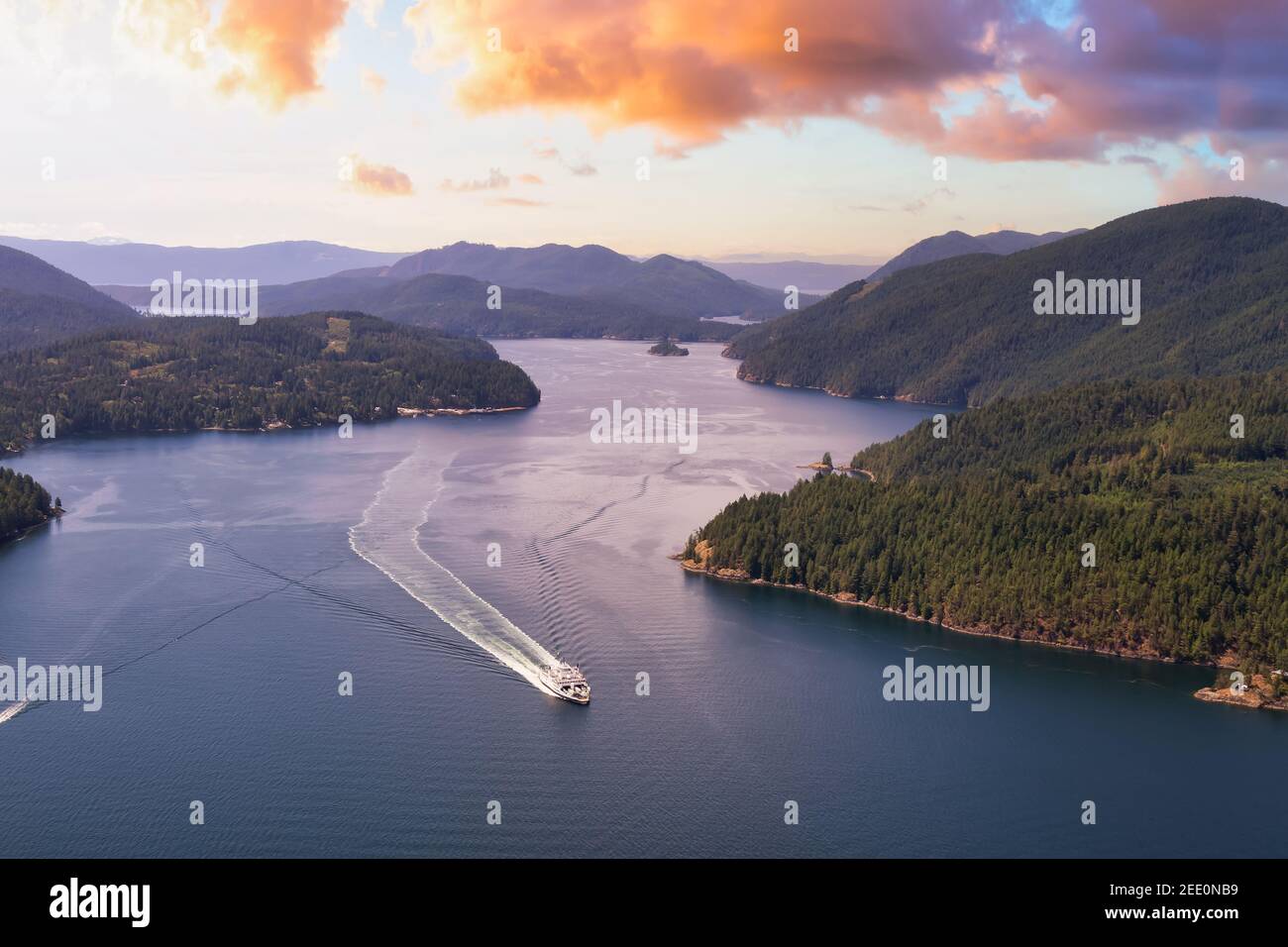 Aerial view of the Ferry traveling between the islands Stock Photo - Alamy