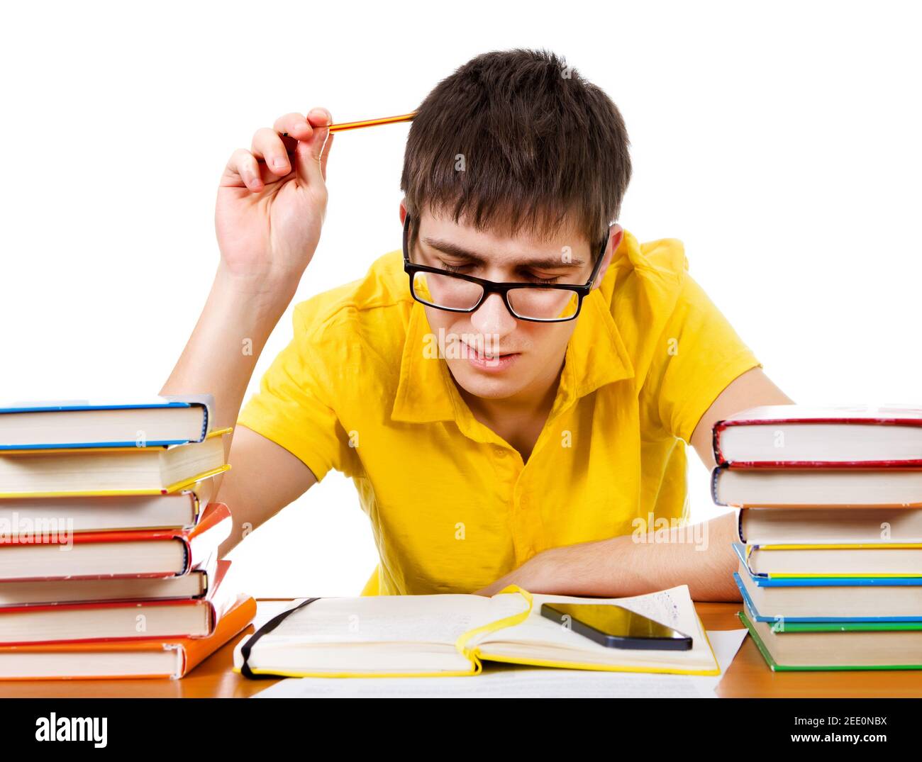 Student is thinking at the Writing Table on the White Background Stock ...