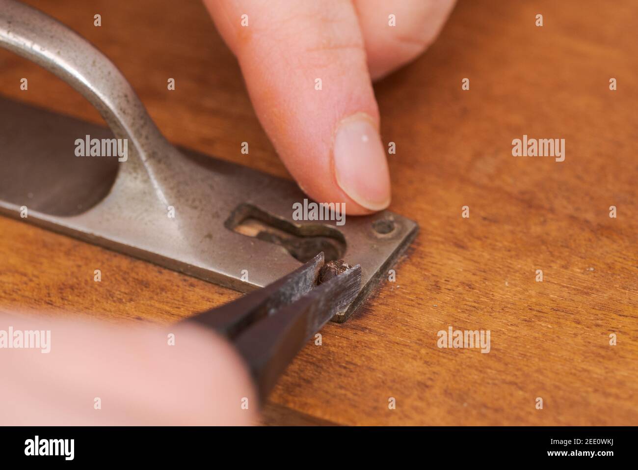 Human hand removing frayed old slotted screw with tongs Stock Photo - Alamy