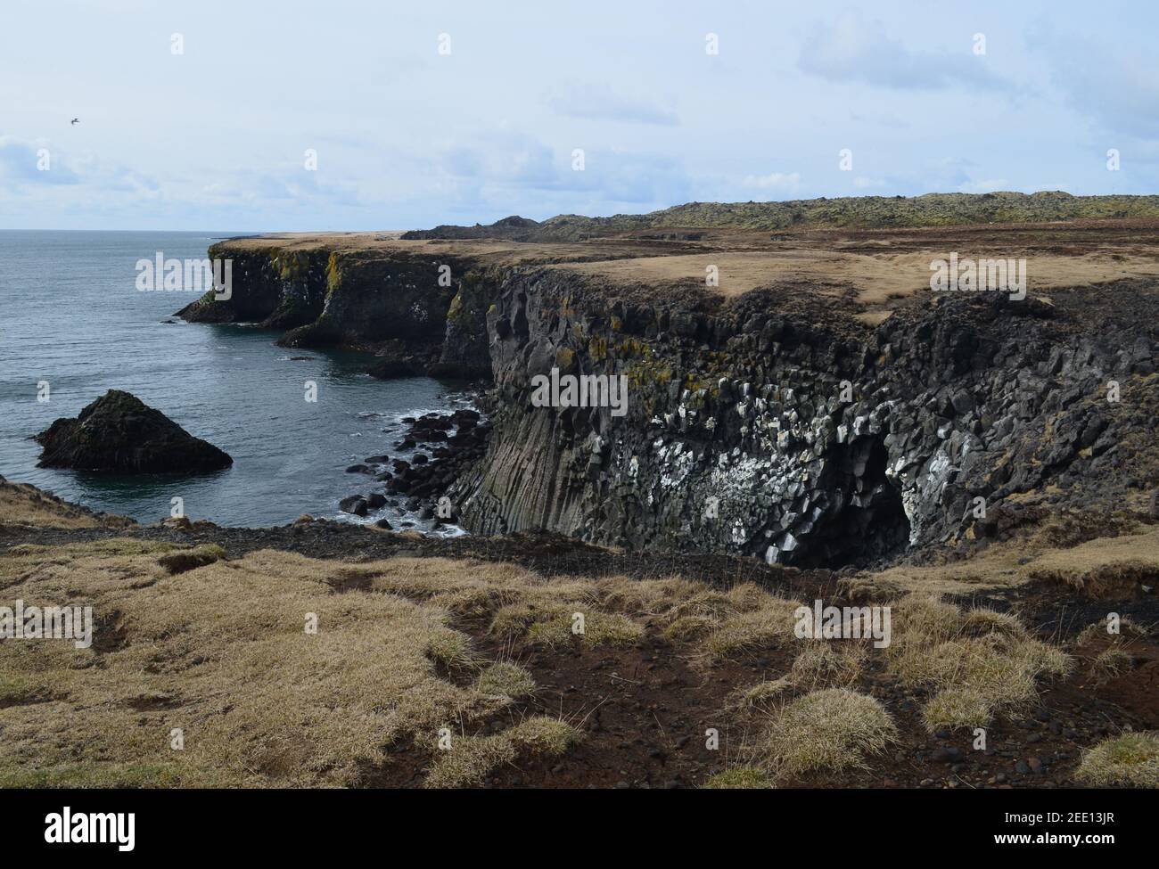 Towering hexagonal basalt columns running along the cliffs on the coast ...