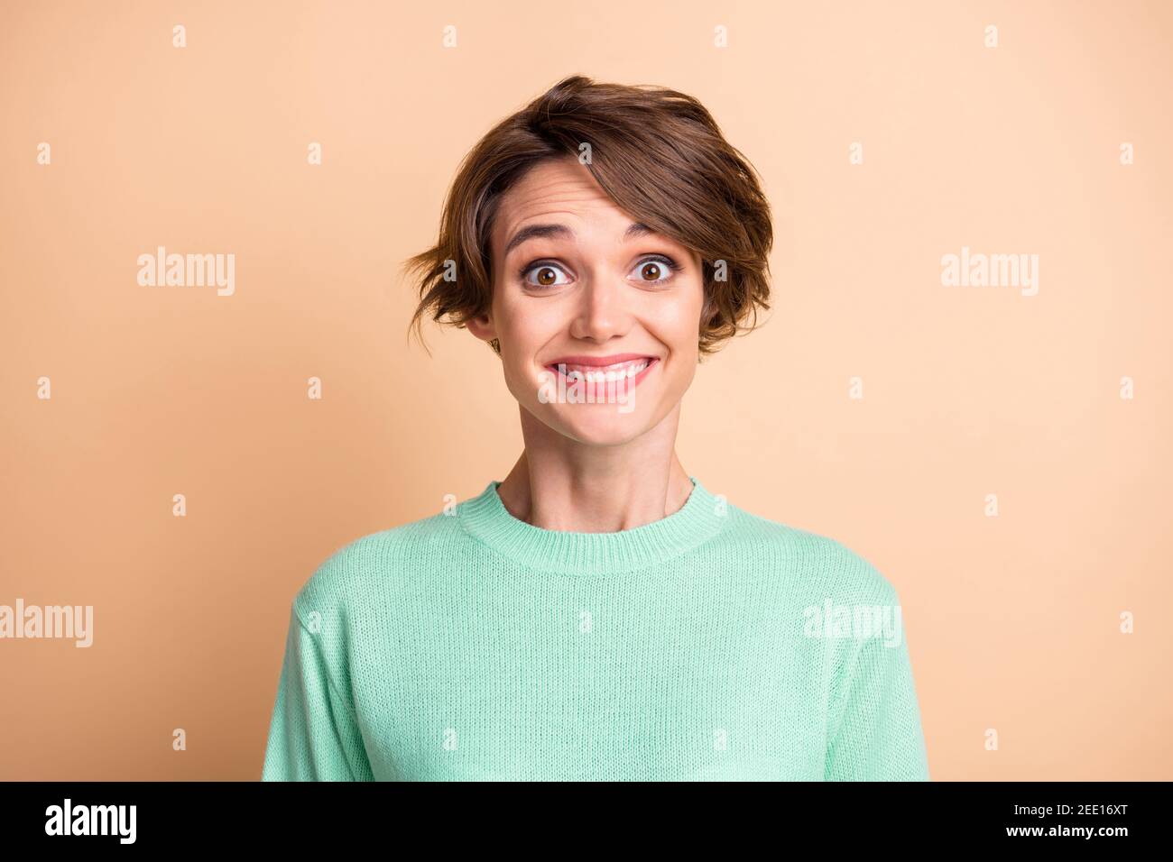 Portrait of young beautiful smiling cheerful excited good mood girl in ...