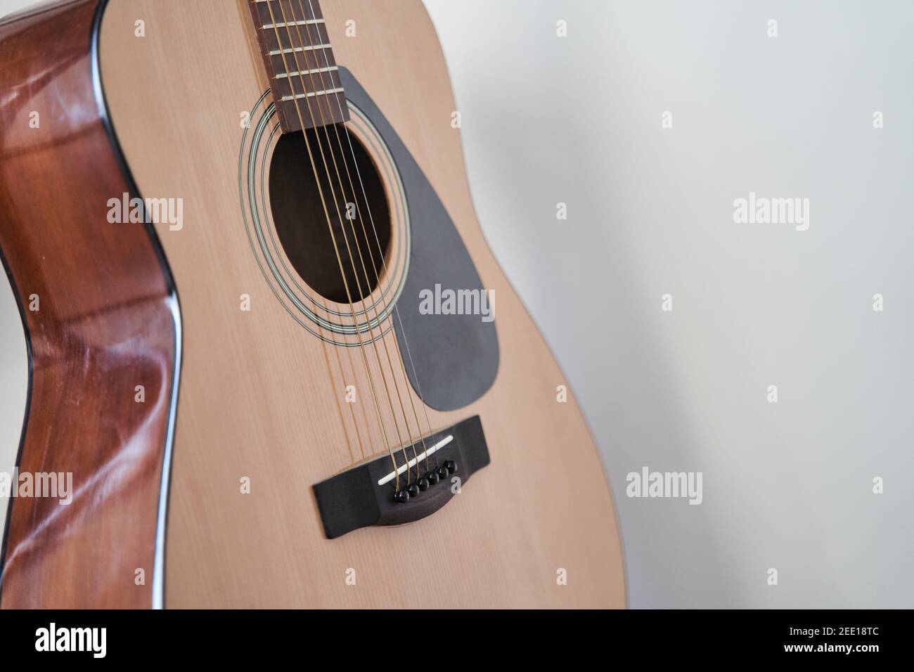 Soundboard of an acoustic guitar close up on a white background Stock ...