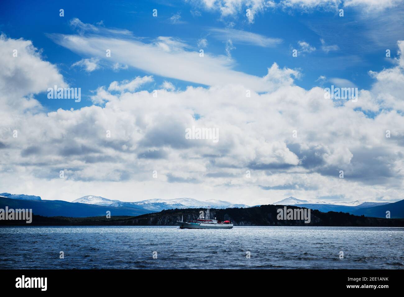 Boat going through the Beagle Channel, Ushuaia, Patagonia, Argentina ...