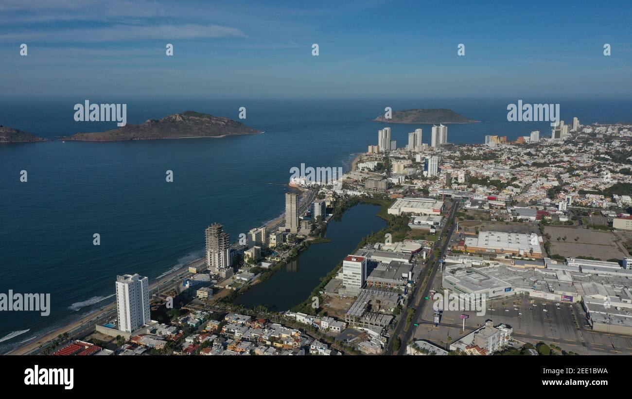 MAZATLAN, MEXICO - JANUARY 31:Aerial view beach and bay and boardwalk ...