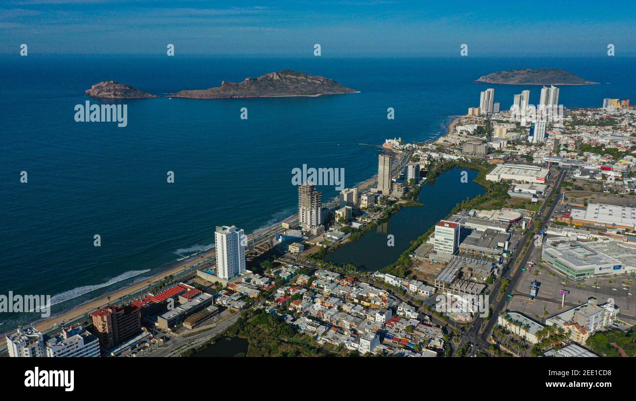 MAZATLAN, MEXICO - JANUARY 31:Aerial view beach and bay and boardwalk ...