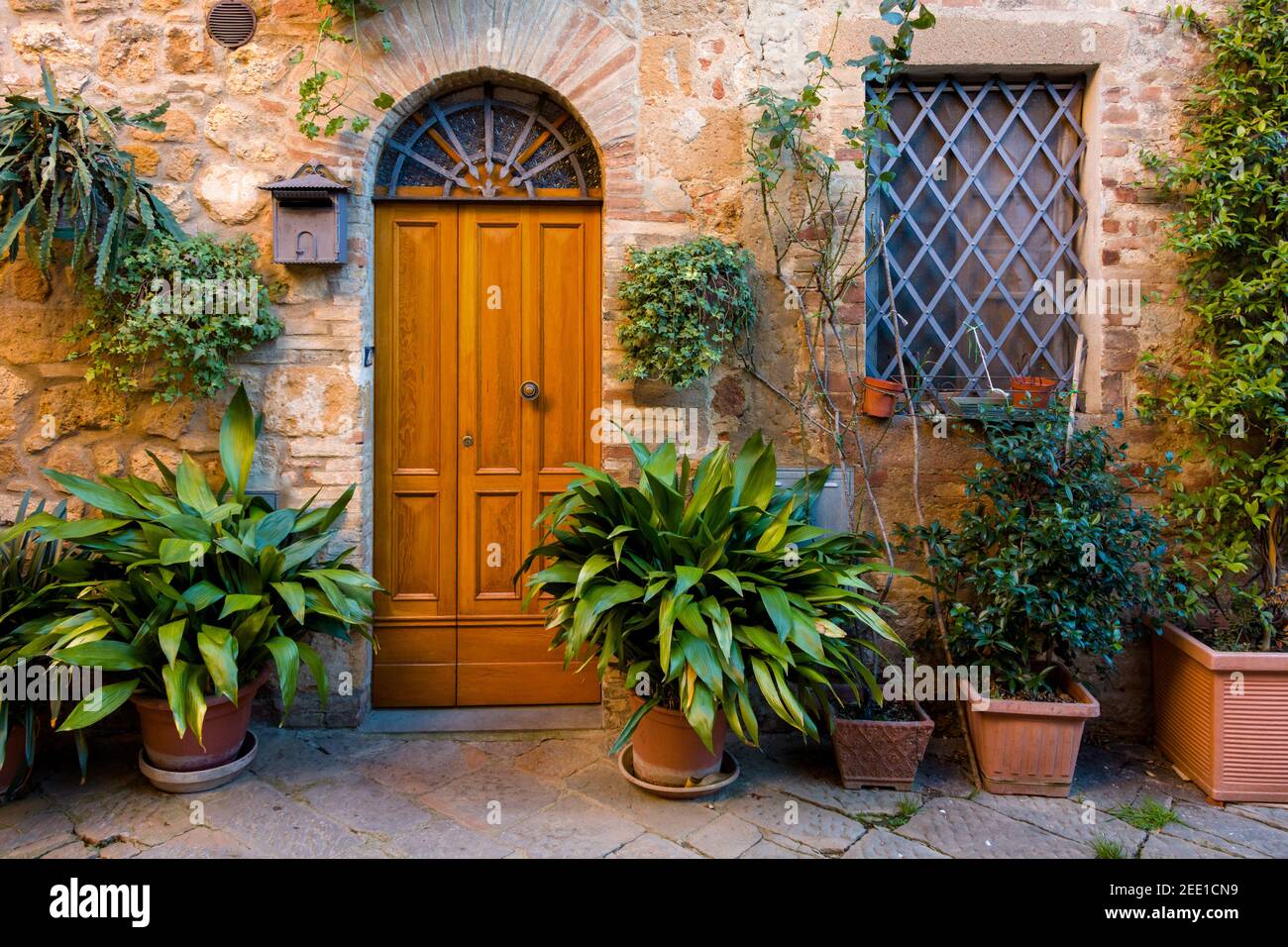 landscape with door and plants in pot in old Italian town in Tuscany ...