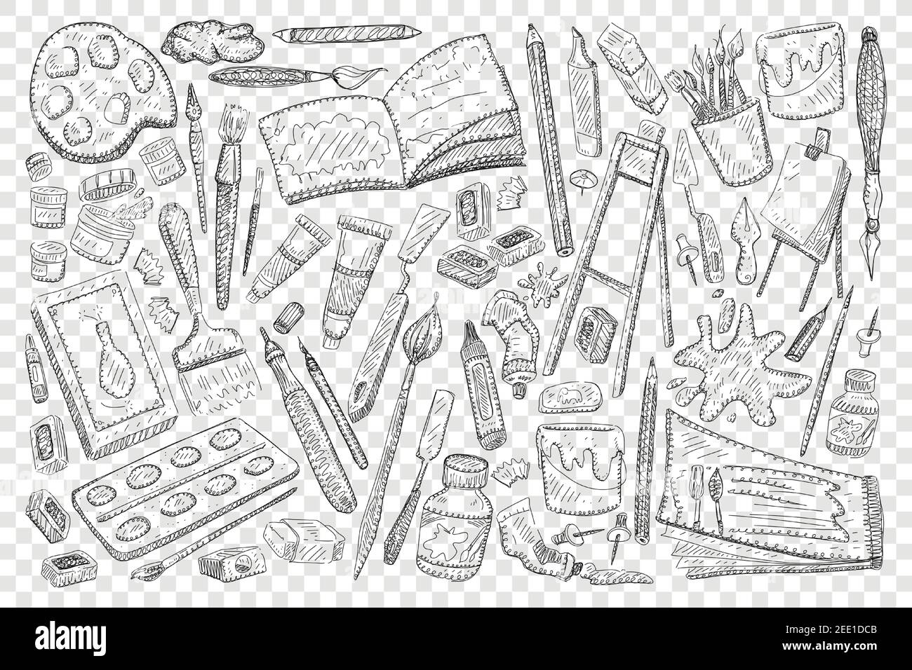 Tools for painting and drawing doodle set. Collection of hand drawn ...