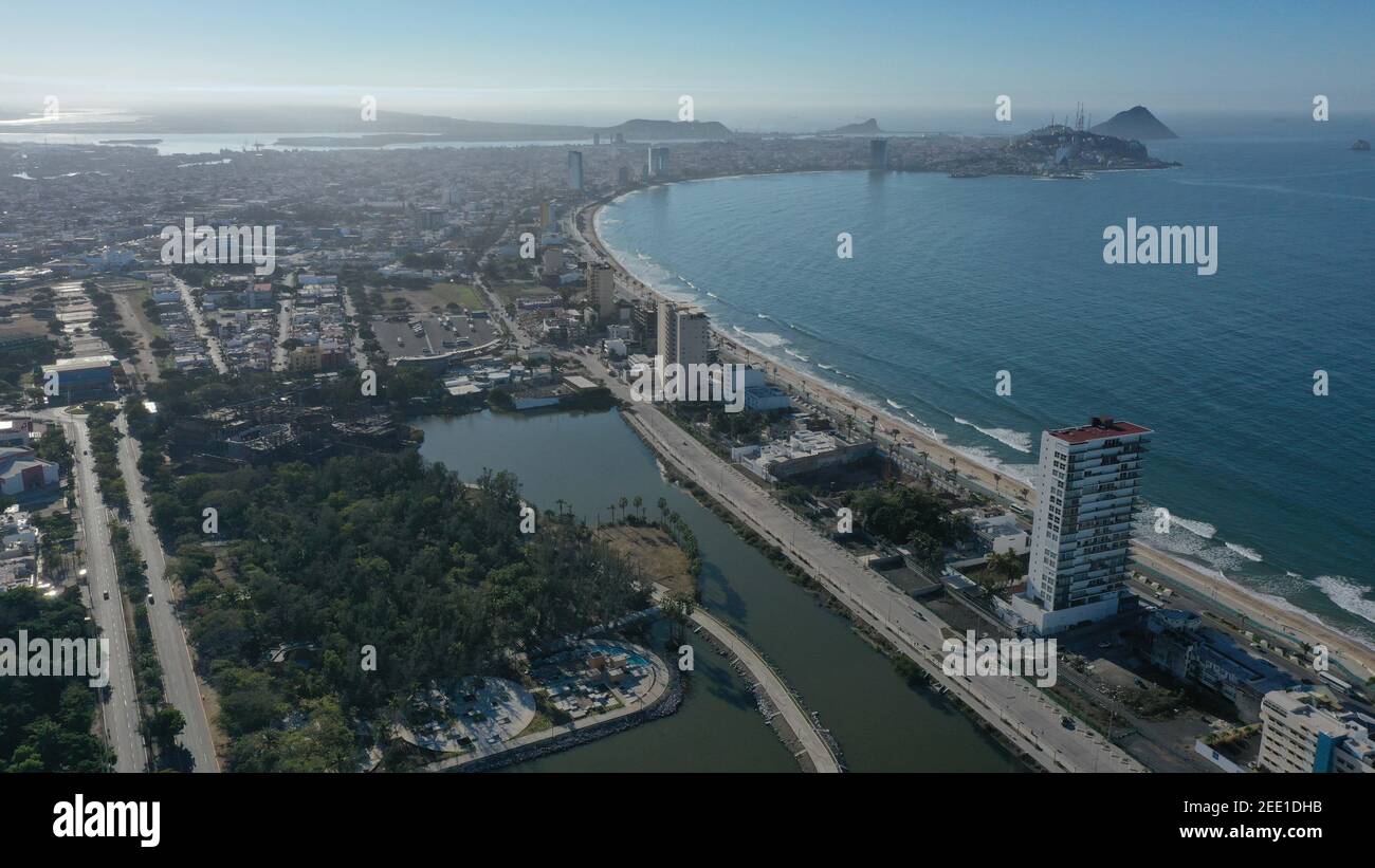 MAZATLAN, MEXICO - JANUARY 31:Aerial view beach and bay and boardwalk ...