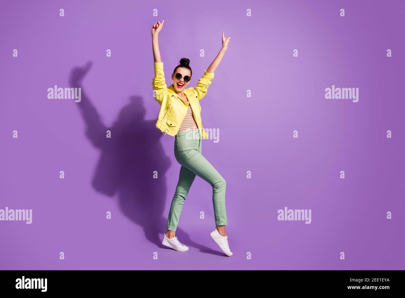 Full body photo of young beautiful woman excited happy smile hands up ...