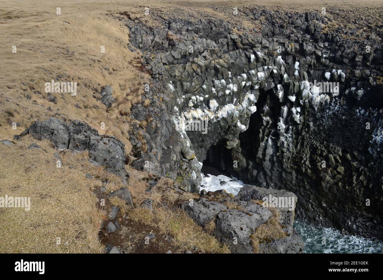 Unusual hexagonal basalt columns and rocky cliffs in Arnastapi Iceland ...