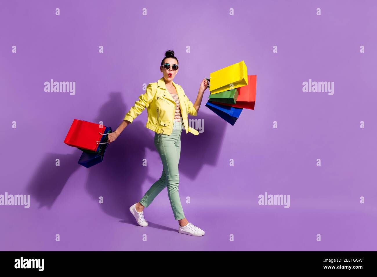 Full Body Profile Side Photo Young Girl Amazed Excited Sale Discount Go Walk Shopping Hold Bags
