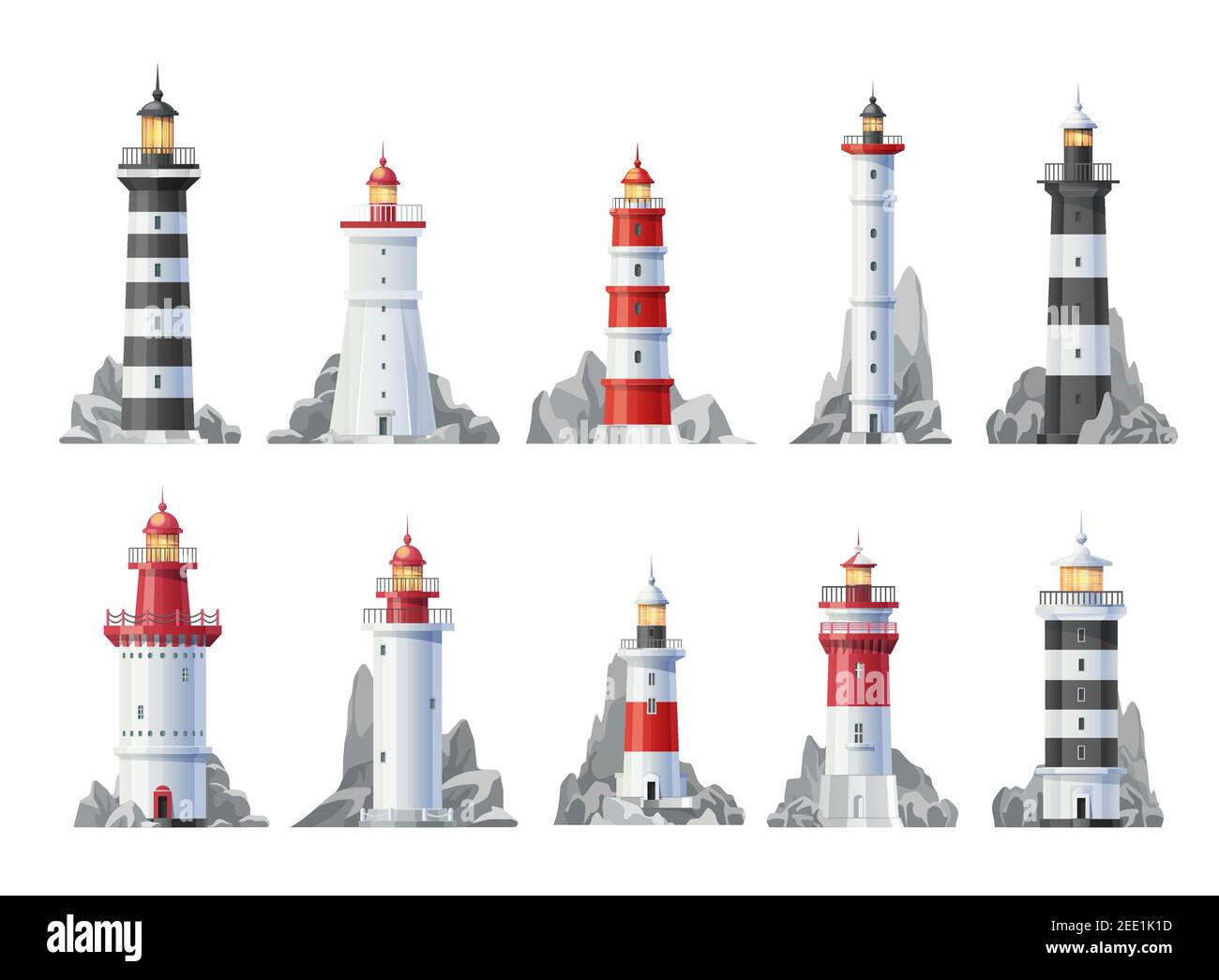Nautical lighthouse buildings isolated vector icons. Sea beacon light ...